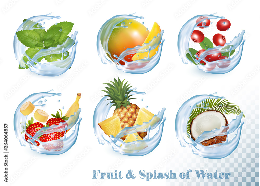 Big collection of fruit in a water splash icons. Mint, mango, crawberry ...