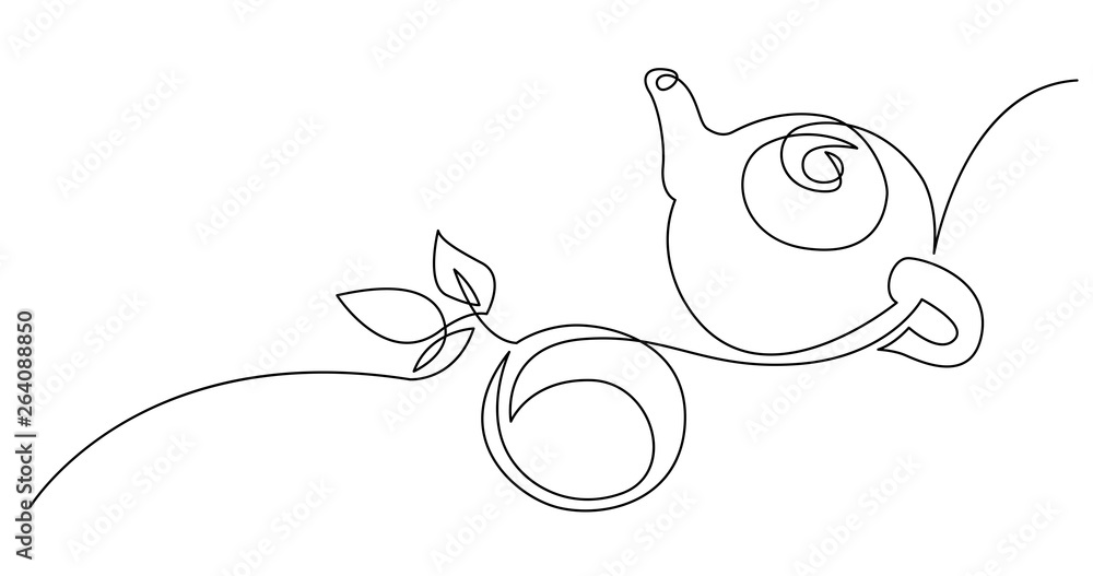 continuous line drawing of tea pot with tea leaves and cup Stock Vector ...
