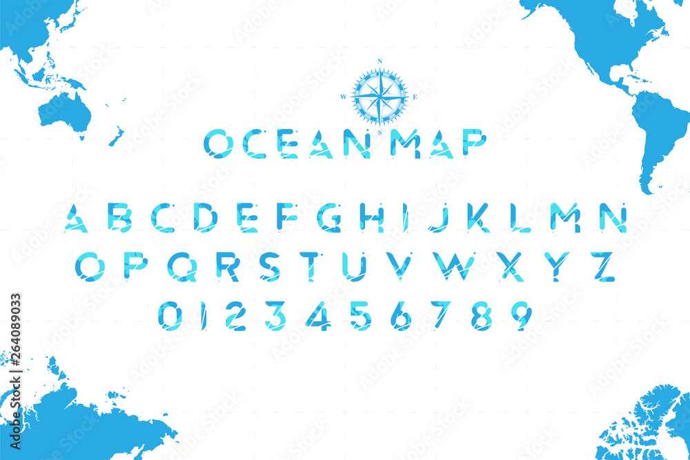 Original Sea Font in the form of a World Map with a retro compass on ...