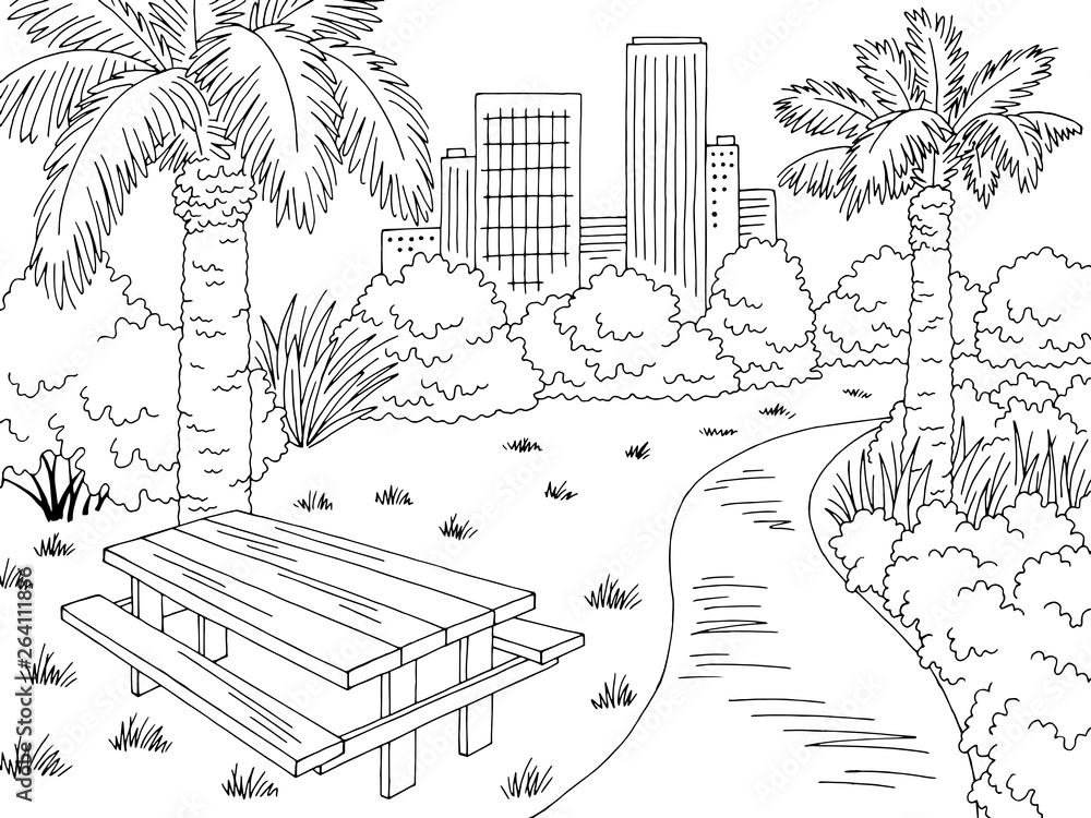 Park graphic black white table landscape sketch illustration vector ...