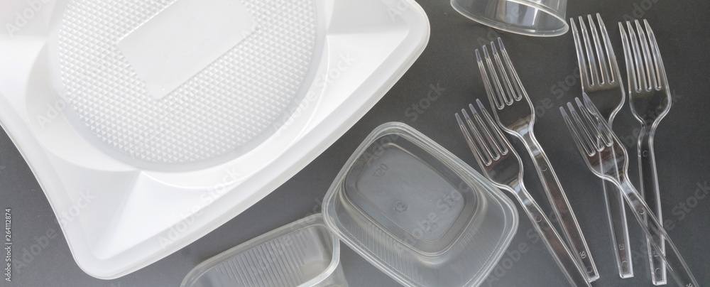 No use symbol in red forbidden sign with plastic dishes around ...