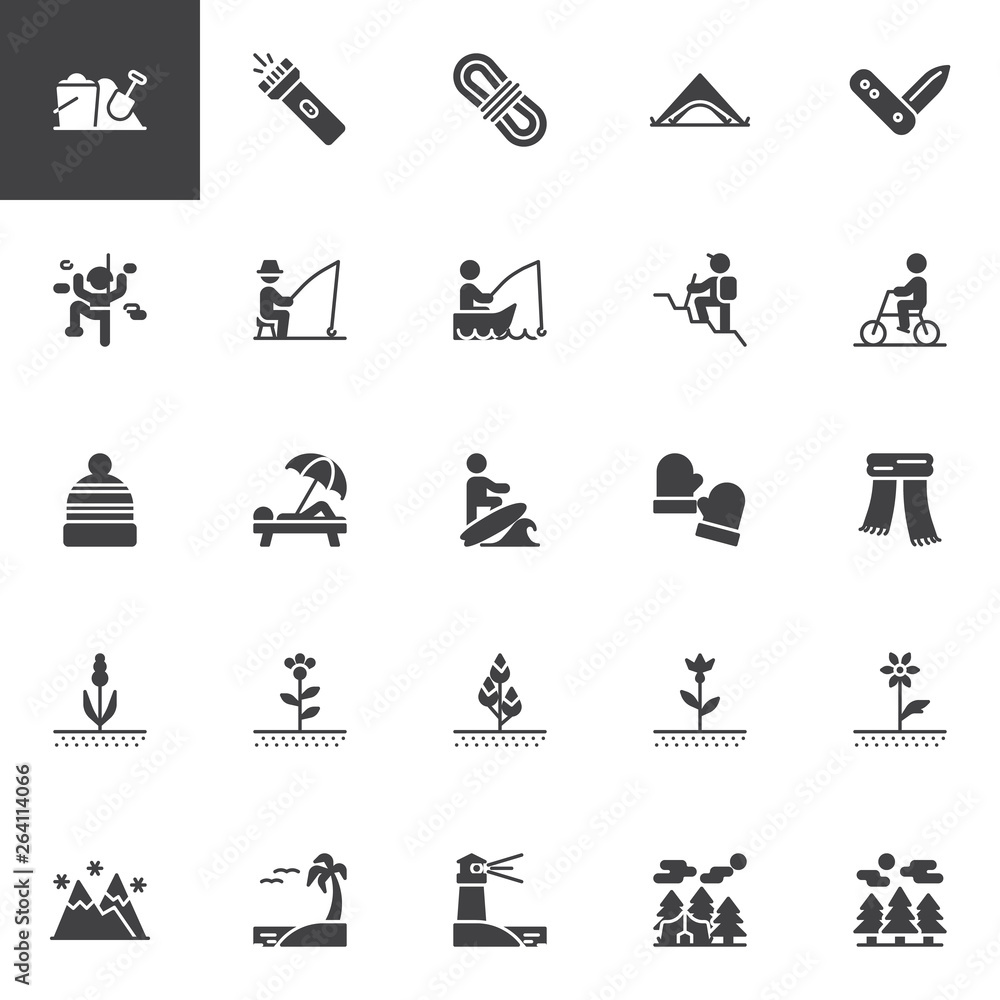 Outdoors, recreation vector icons set, modern solid symbol collection ...