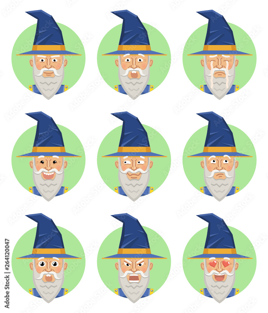 Set of wizard emoticons. Magician avatars showing different emotions ...