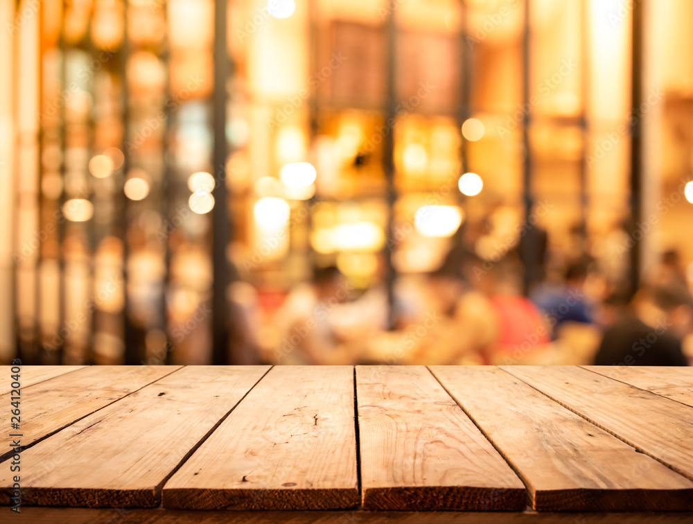 Wood texture table top (counter bar) with blur light gold bokeh in cafe ...