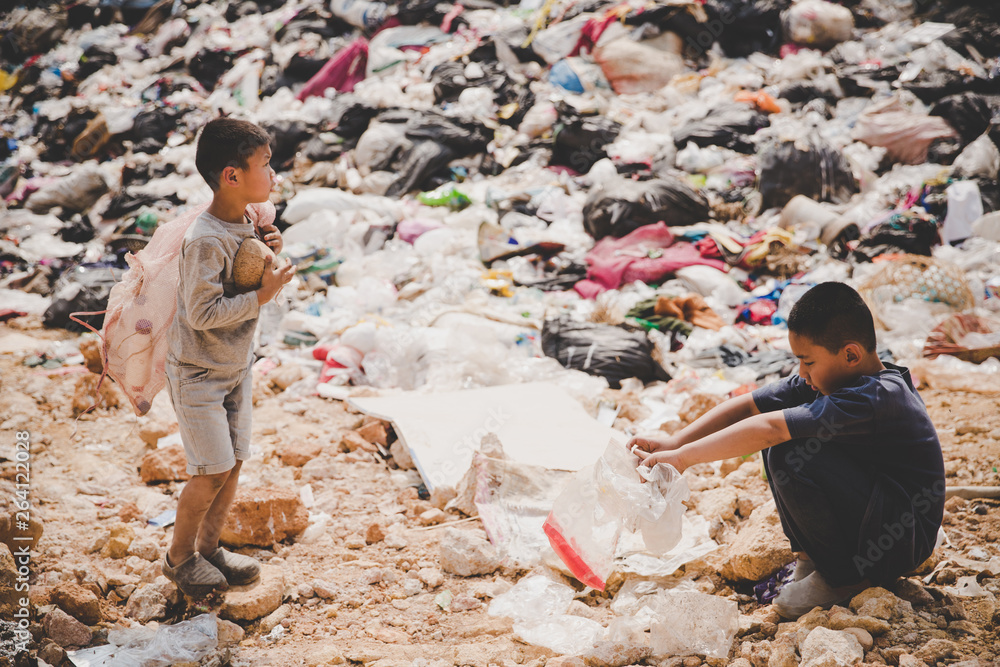 Poor children collect garbage for sale,, the concept of pollution and ...