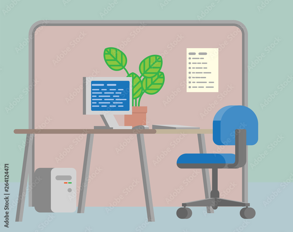 An office interior with computer desk and chair flat style cartoon ...