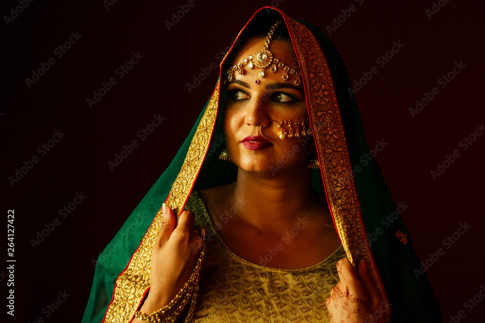 hindu princess lady in green traditional sari with tatoo mehndi and ...
