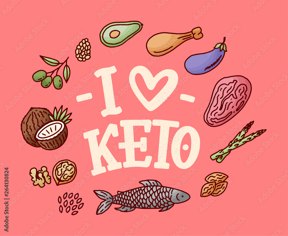 Sketch lettering with green keto diet doodle elements for concept ...