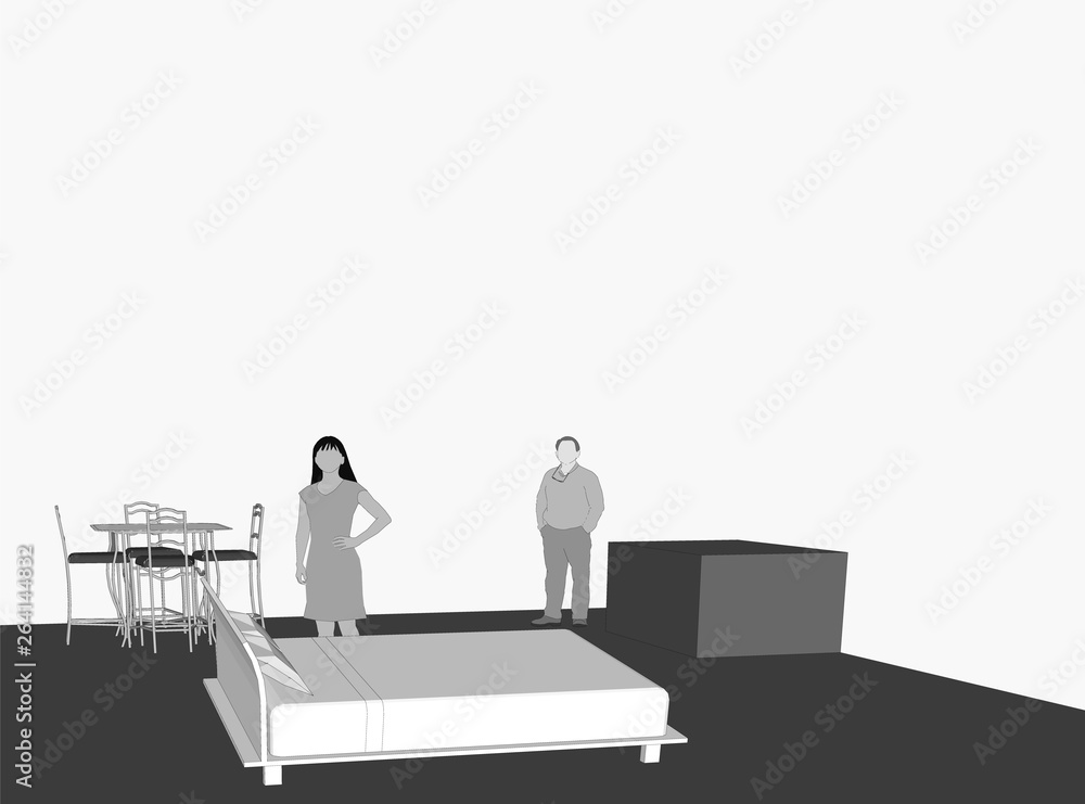 Man and woman in bedroom. Abstract interior of the room with people. 3D ...
