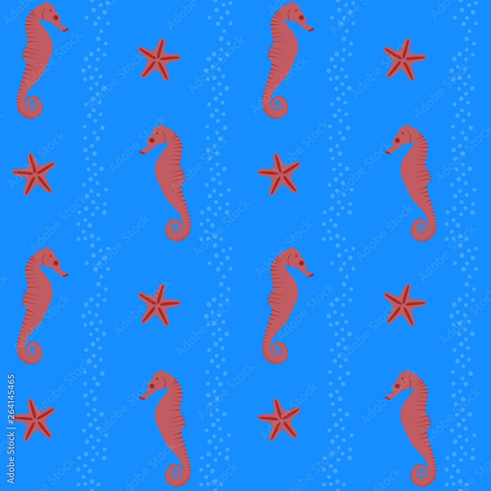 Seamless background on the marine theme with red seahorses and sea ...
