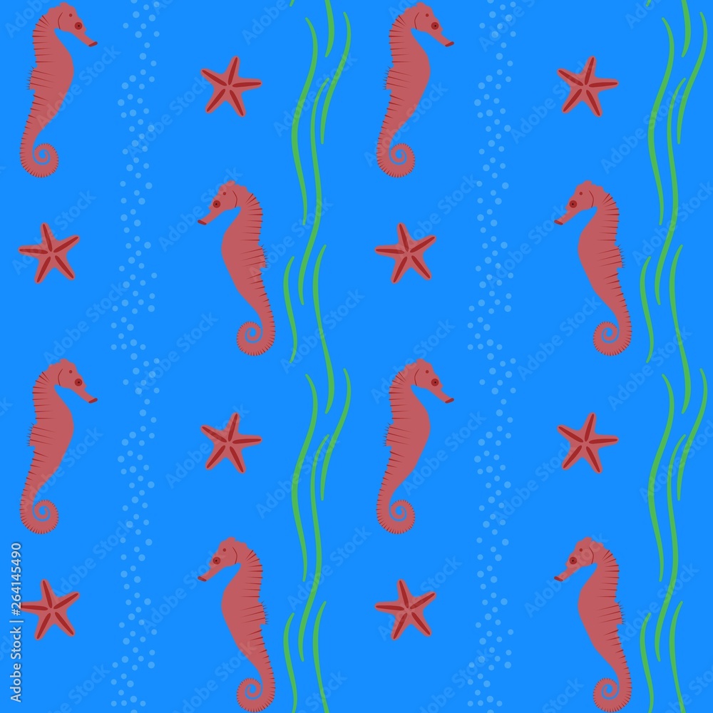 Seamless background on the marine theme with red seahorses and sea ...