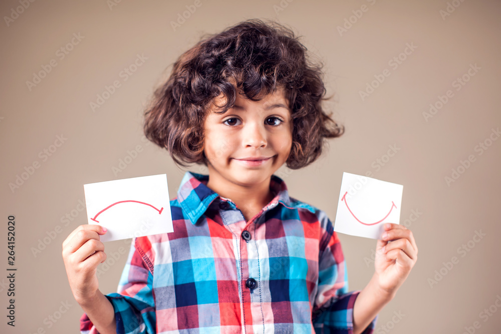Kid boy select between positive and negative expressions Stock Photo ...