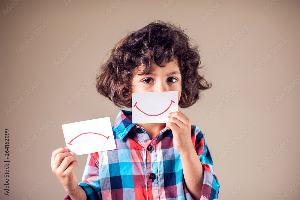 Kid boy select between positive and negative expressions Stock Photo ...