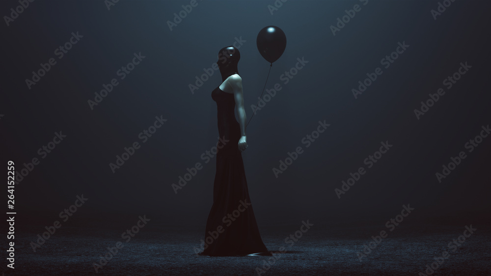 Futuristic Demon Woman With a Black Balloon In a Futuristic Haute ...