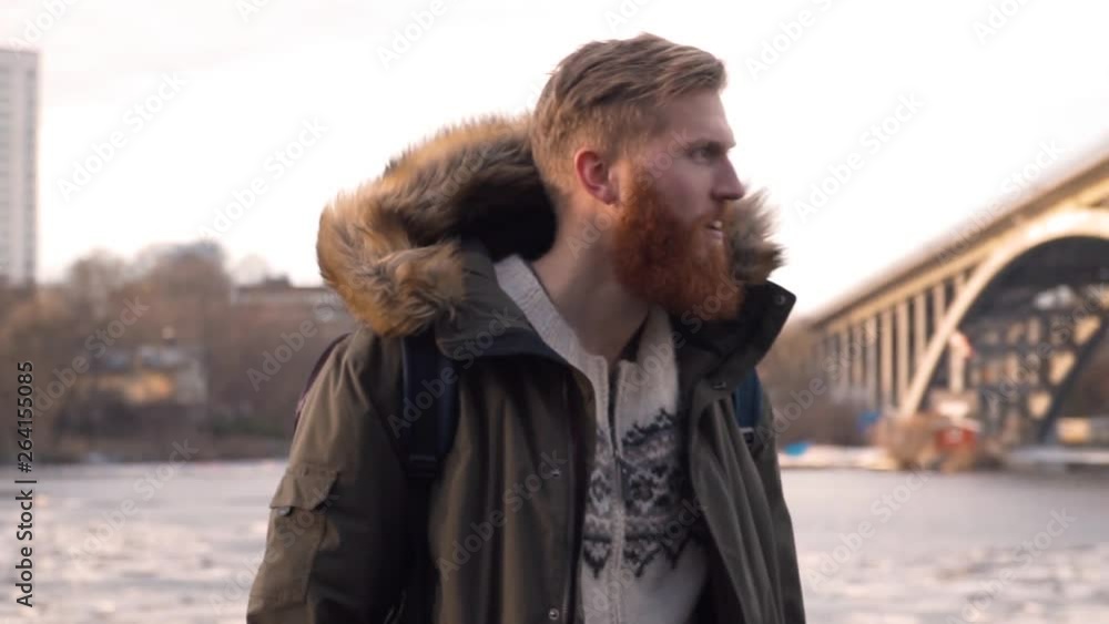 Tall handsome Caucasian male outdoors, cold winter day Stockholm Sweden ...