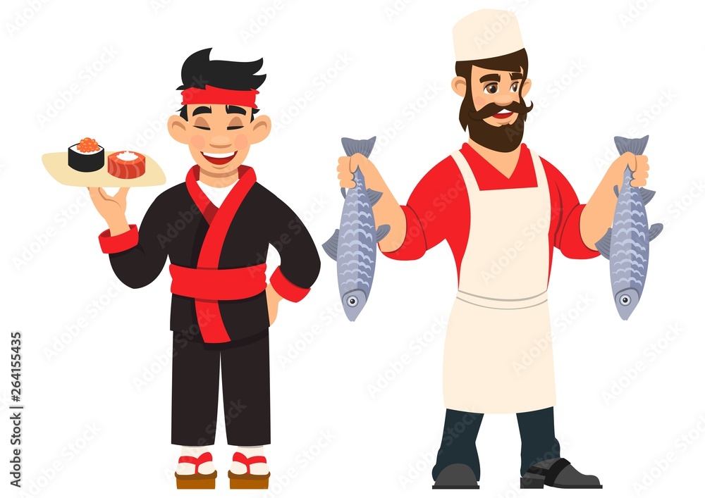 Japanese chef cooking sushi rolls. Handsome cartoon character, pack of ...