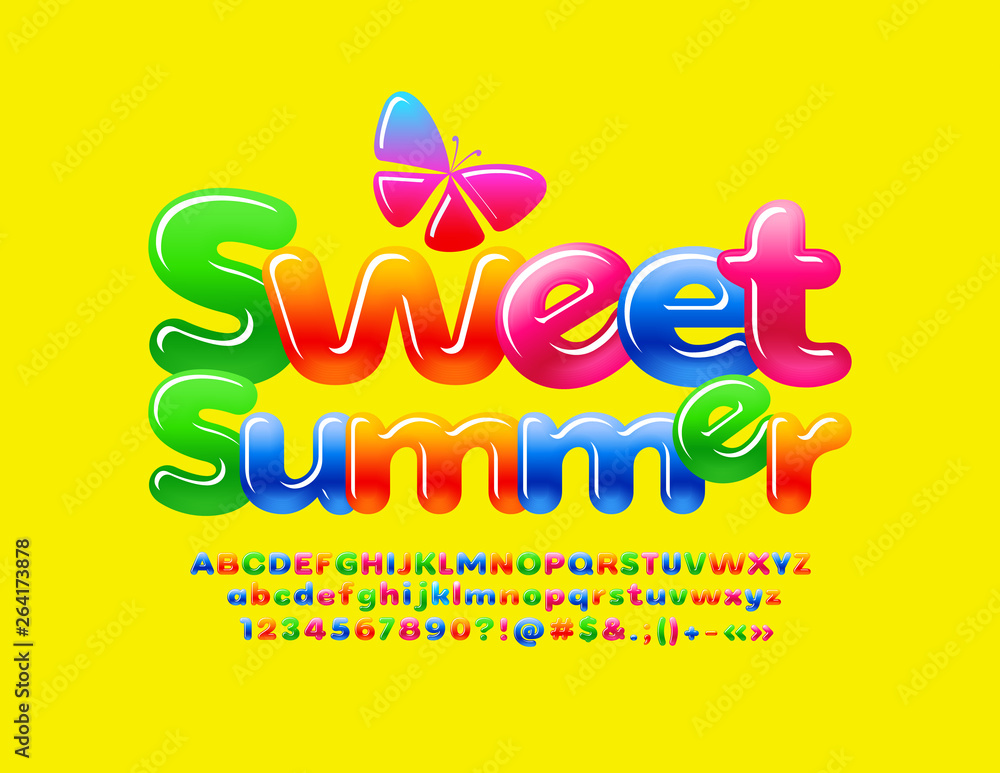 Vector colorful glossy banner Sweet Summer with Butterfly. Candy style ...
