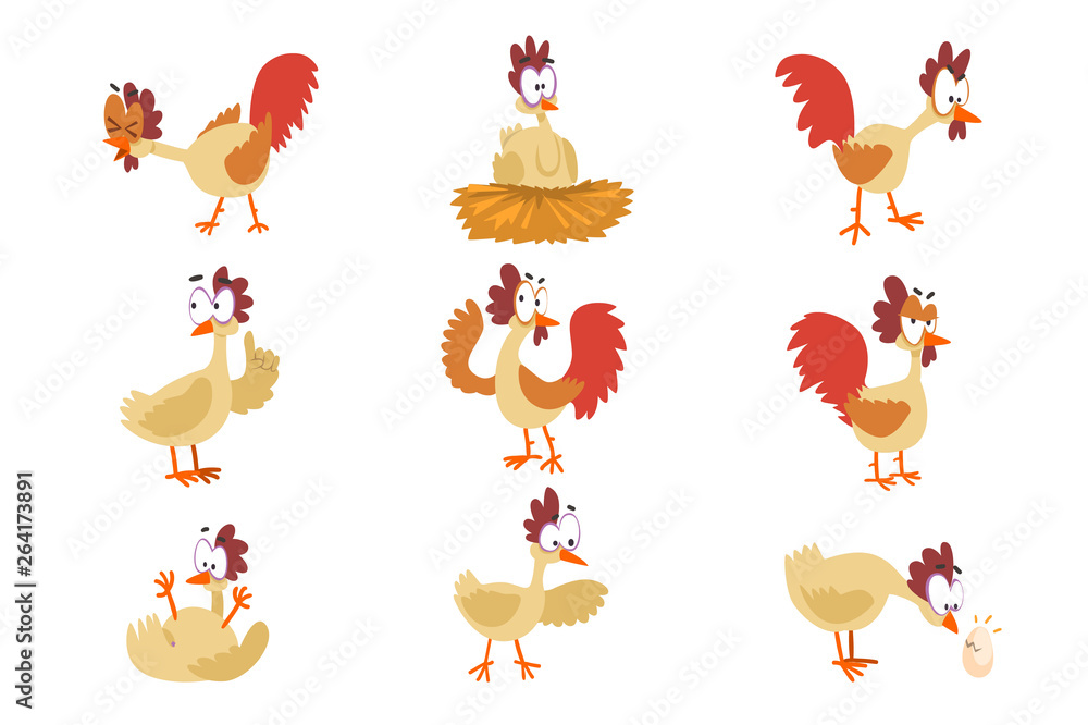 Funny hen set, comic cartoon bird characters in different poses and ...