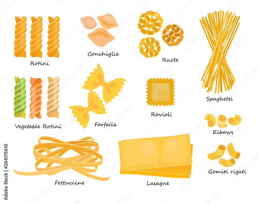 Macaroni types set. Collection of pasta shapes. Can be used for topics ...