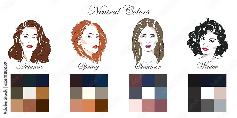 Seasonal color analysis. Vector hand drawn girls with different types ...