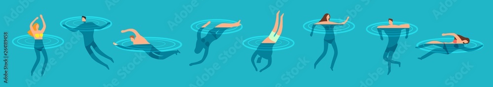 Swimming and diving people in ocean cartoon vector illustration. People ...