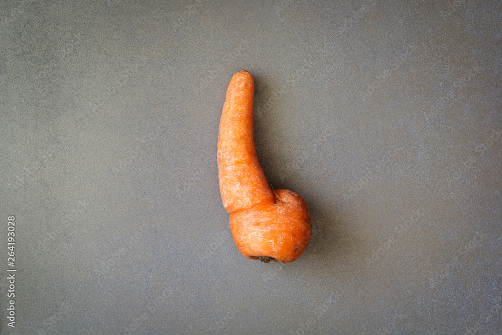 Ugly organic homegrown carrot on grey background. Odd, misshapen ...