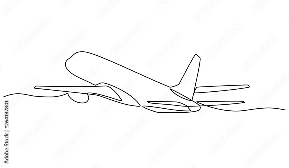 Continuous line drawing of airplane took off with a white background ...