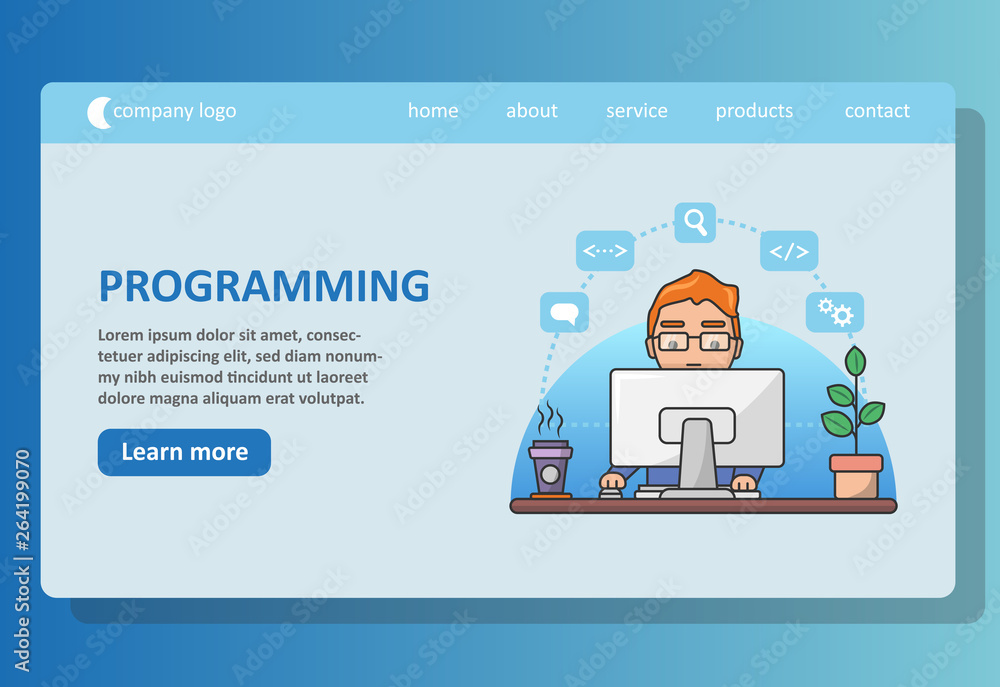 Programmer at work concept banner. Landing web page template.Can use ...