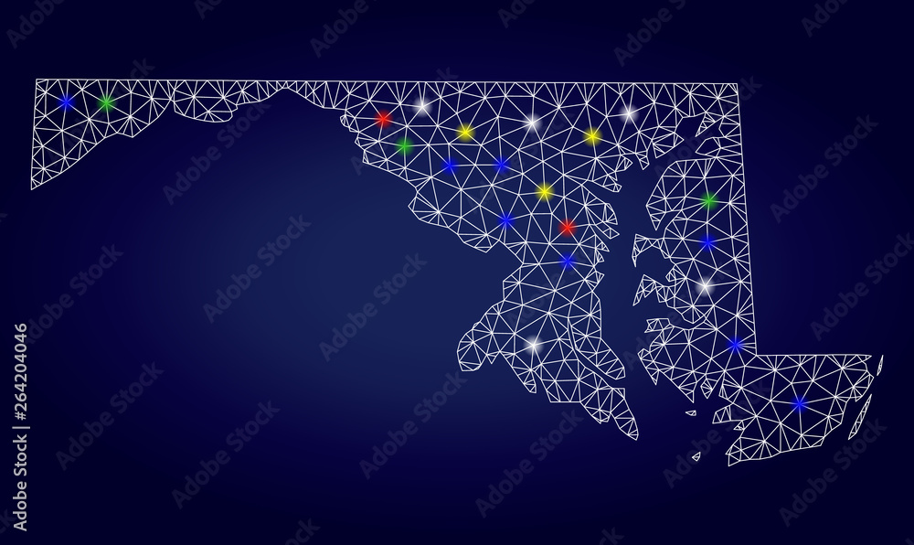 Glamour mesh vector Maryland State map with glow light spots. Mesh ...