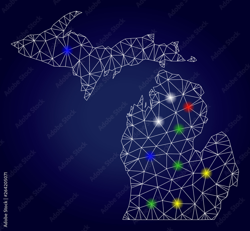 Bright mesh vector Michigan State map with glare light spots. Mesh ...