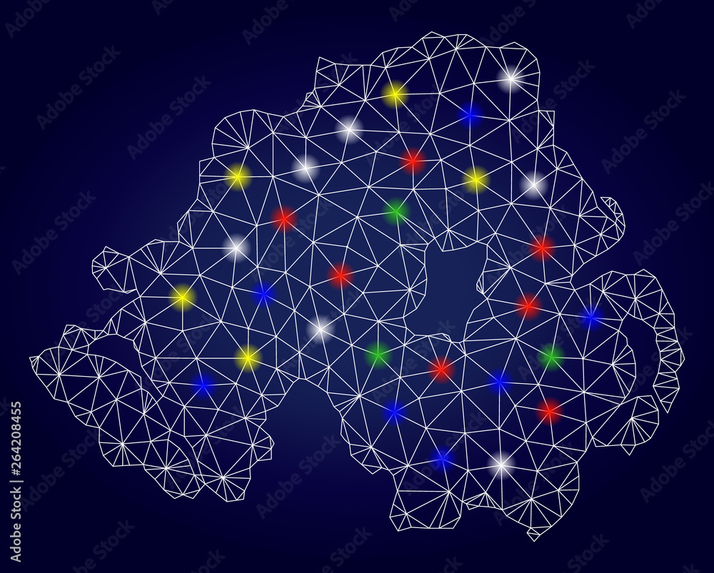 Bright mesh vector Northern Ireland map with glow light spots. Lowpoly ...