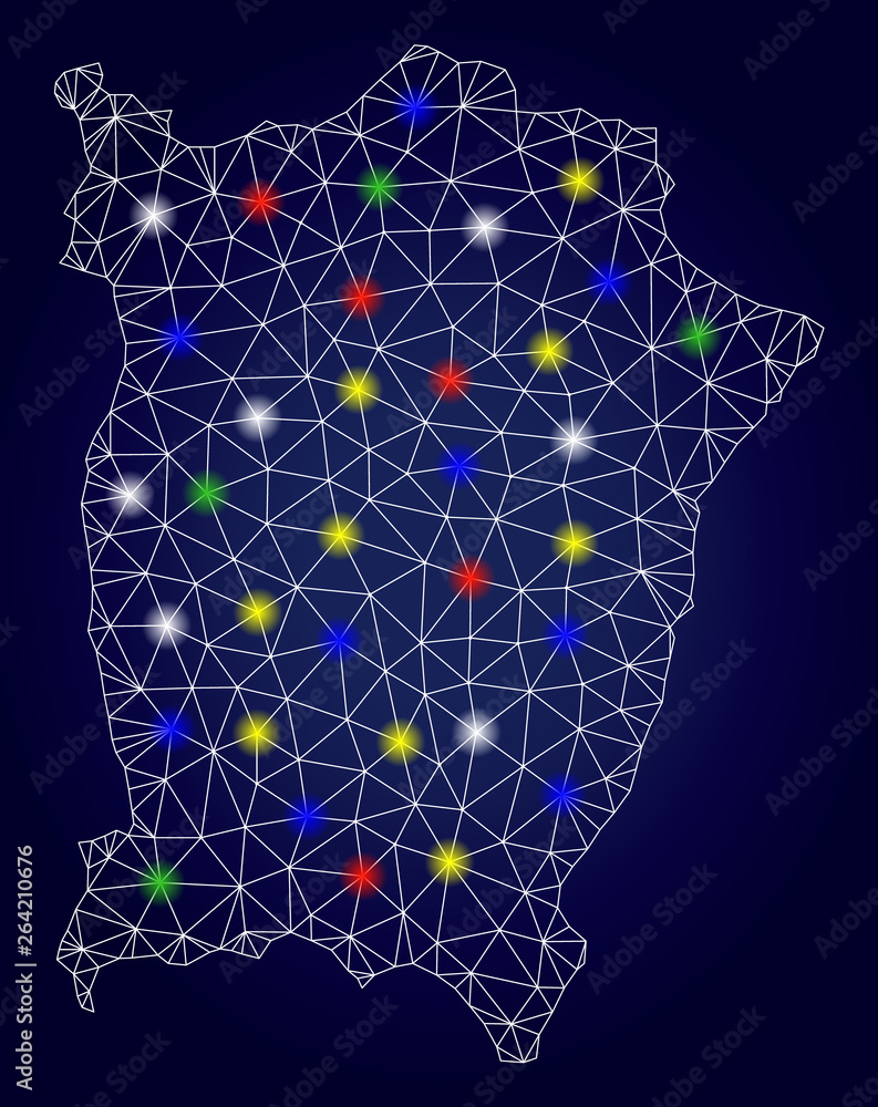 Glamour mesh vector Penang Island map with glare light spots. Carcass ...
