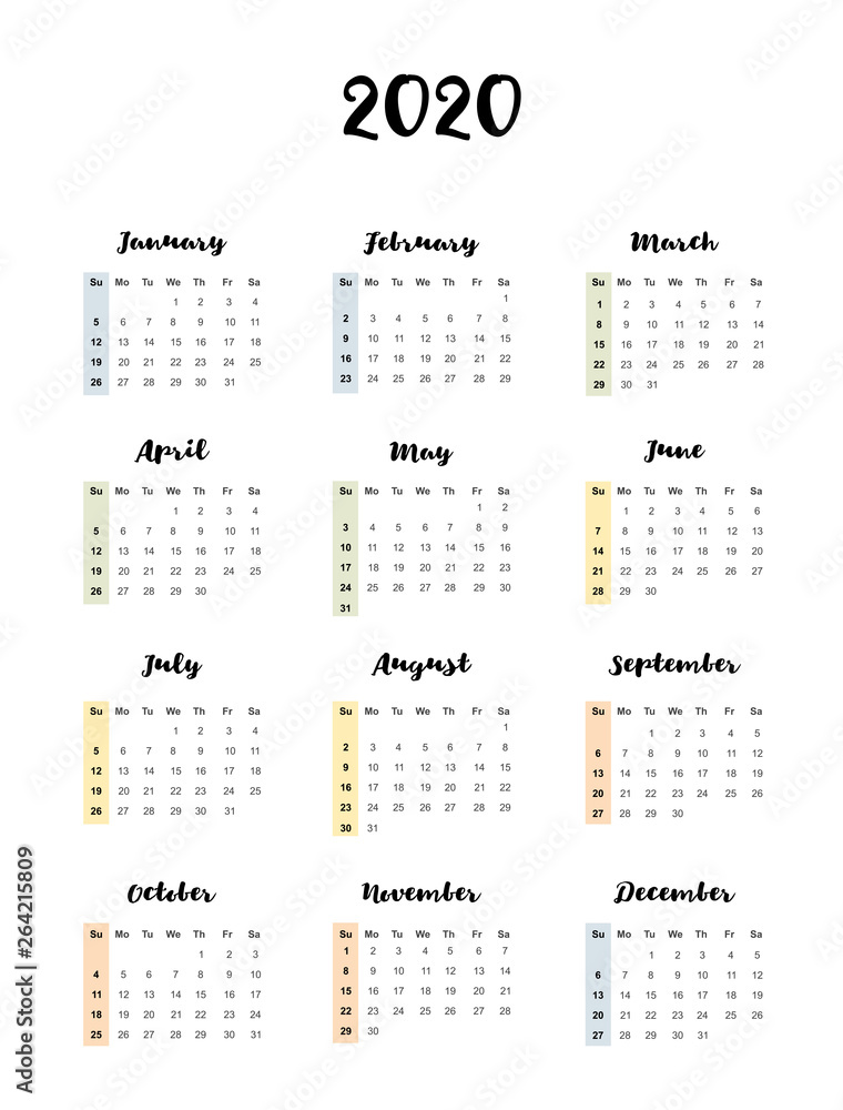 Simple English Vector Calendar. 2020 Year. Black Letters and Numbers ...