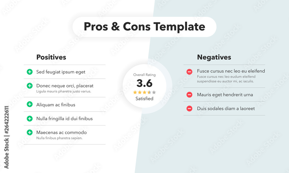 Vetor de Simple infographic for pros and cons with overall rating. Easy ...