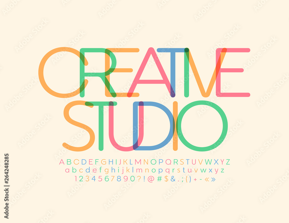 Vector bright banner Creative Studio. Colorful transparent Font. Trendy ...