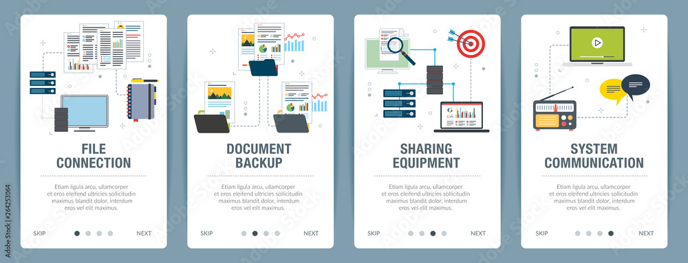 Vector set of vertical web banners with file connection, document ...