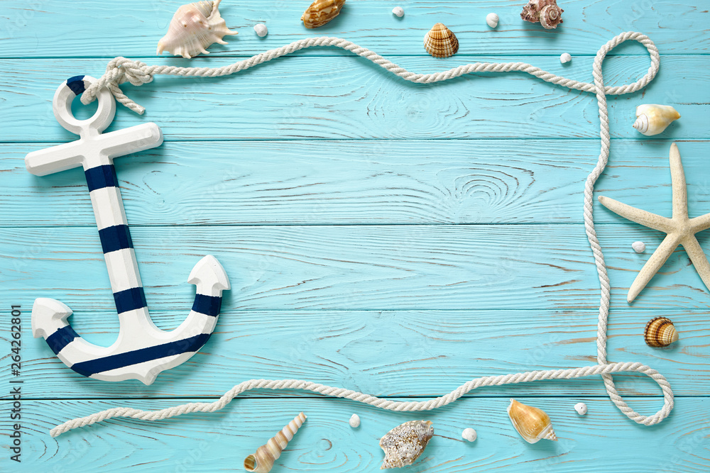 Frame composition with sea accessories. Summer time sea vacation ...