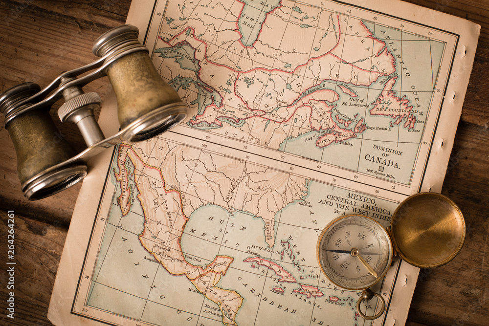 Binoculars and Compass on 1870 Map of Mexico, Central America and ...