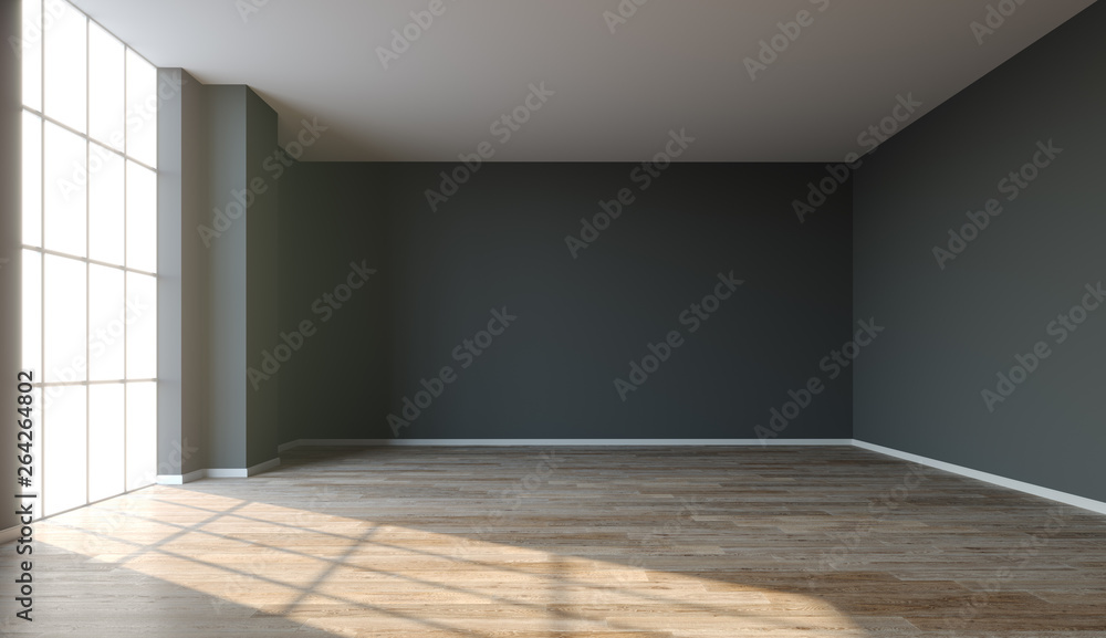 Interior background, room with a dark walls, sun light and wood floor ...