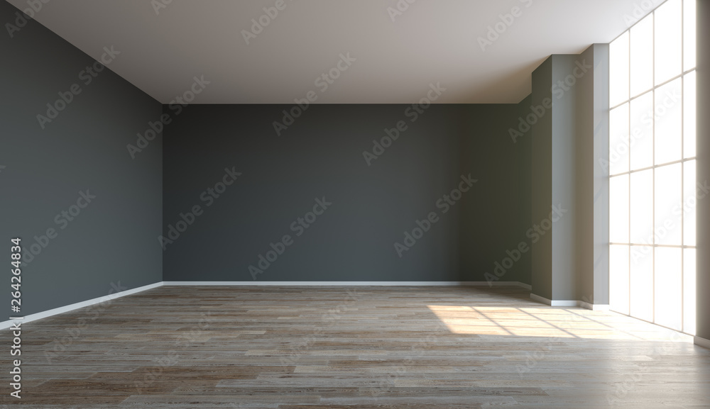 Interior background, room with a dark walls, sun light and wood floor ...