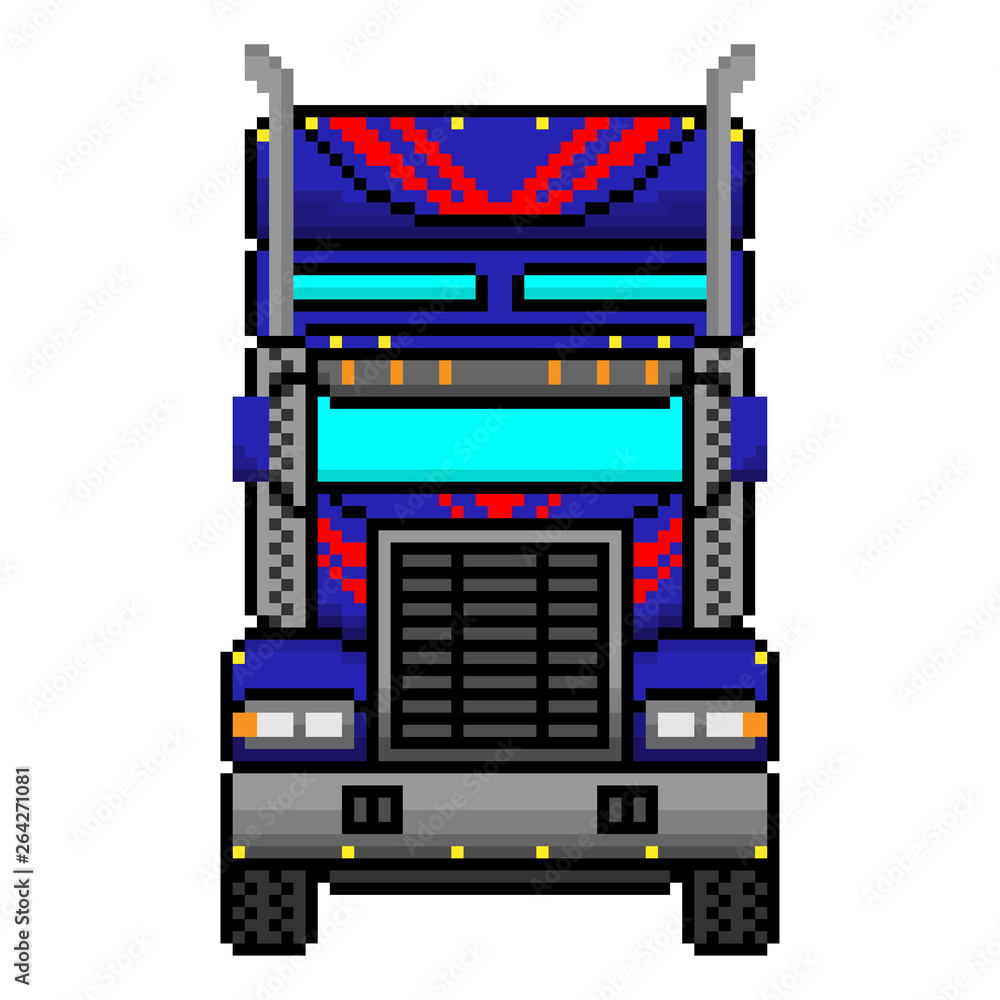 Truck tractor. Blue pixel truck. Vector drawing. Front view. Isolated ...