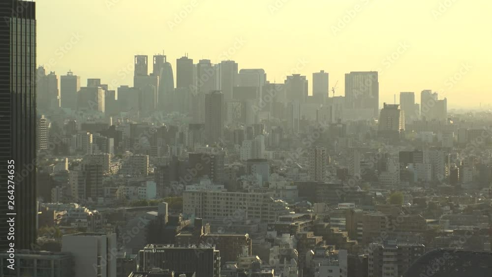 TOKYO, JAPAN - CIRCA APRIL 2019 : Aerial sunset view of CITYSCAPE of ...