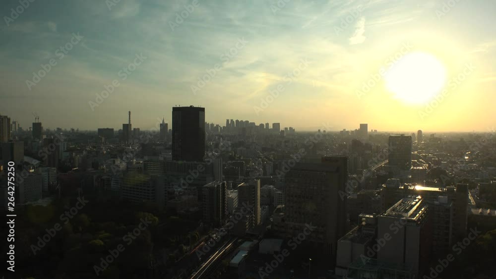 TOKYO, JAPAN - CIRCA APRIL 2019 : Aerial sunset view of CITYSCAPE of ...