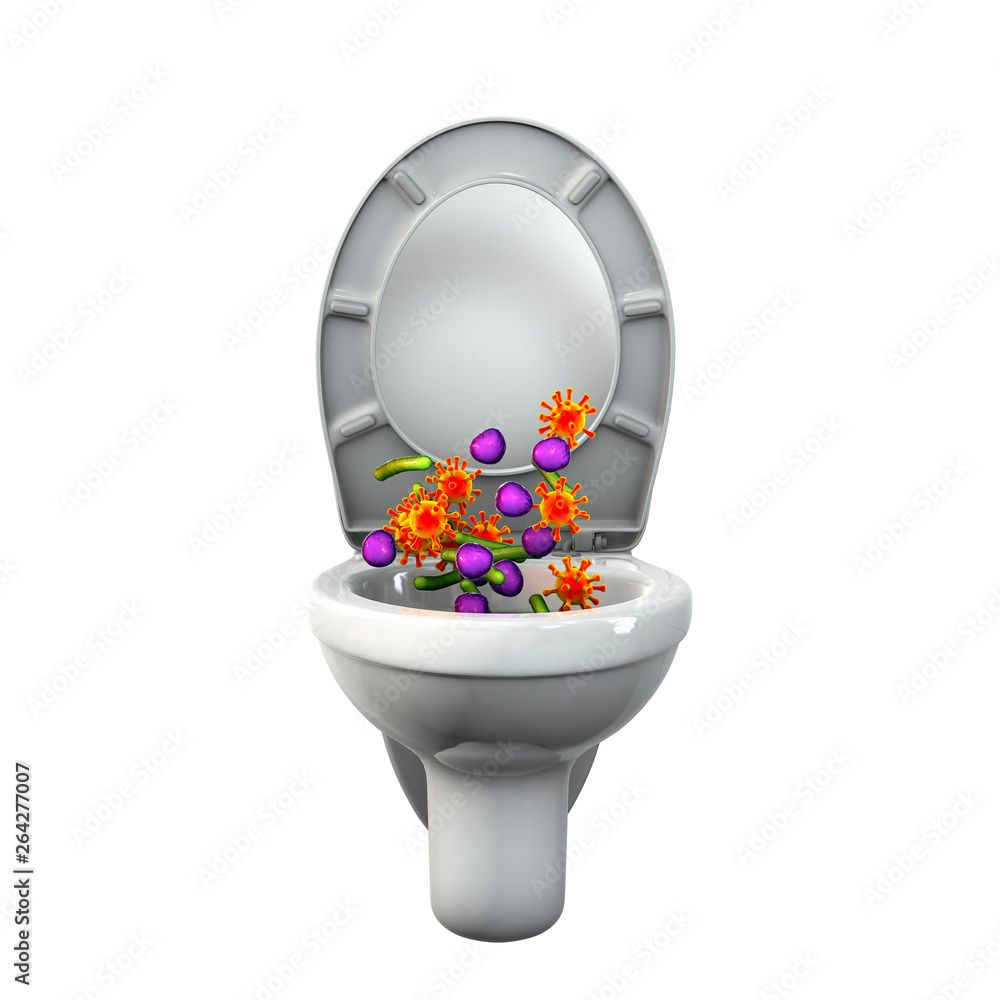 Toilet microbes, conceptual 3D illustration. Transmission of diarrheal ...