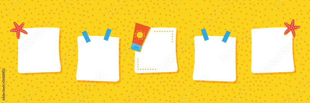 Set, collection of cute sticky notes, stickers on on the beach, sea ...