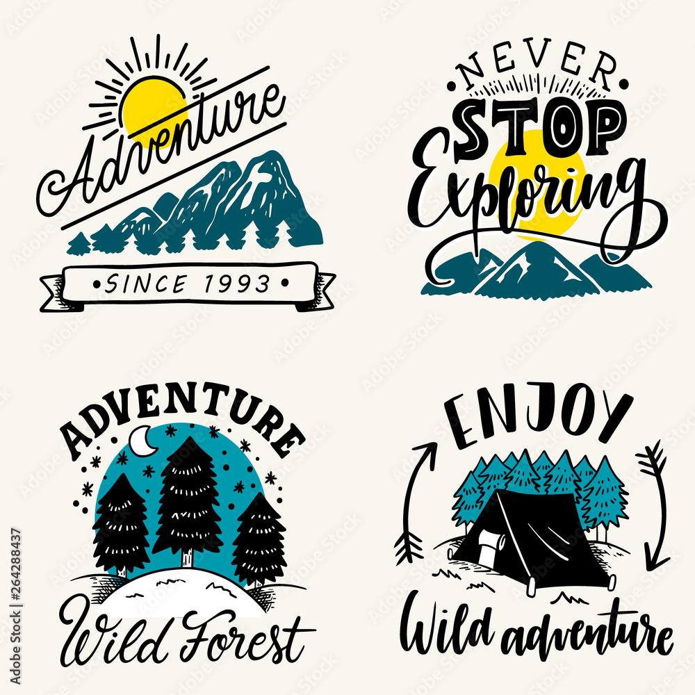 Collection of written phrases, slogans or quotes decorated with travel ...