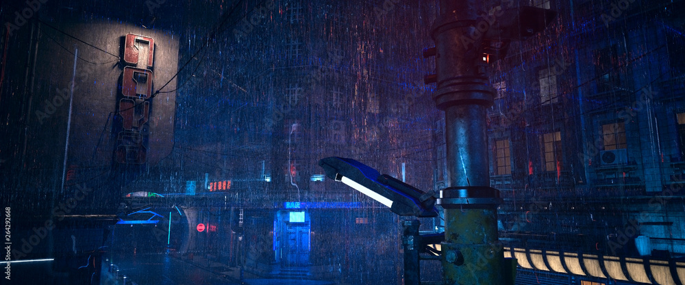 Futuristic city landscape. Rainy night scene. Photorealistic 3d ...