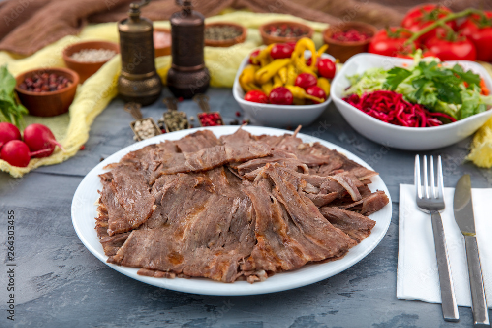 Turkish Doner Kebab on plate. Arabic traditional doner with pita bread ...