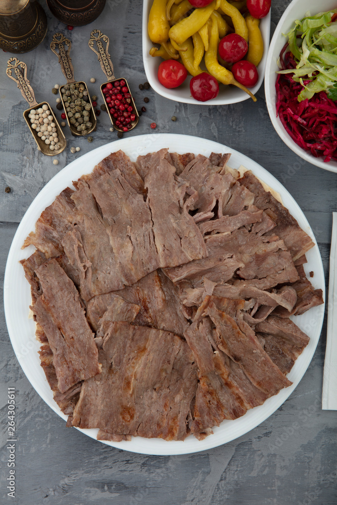 Turkish Doner Kebab on plate. Arabic traditional doner with pita bread ...