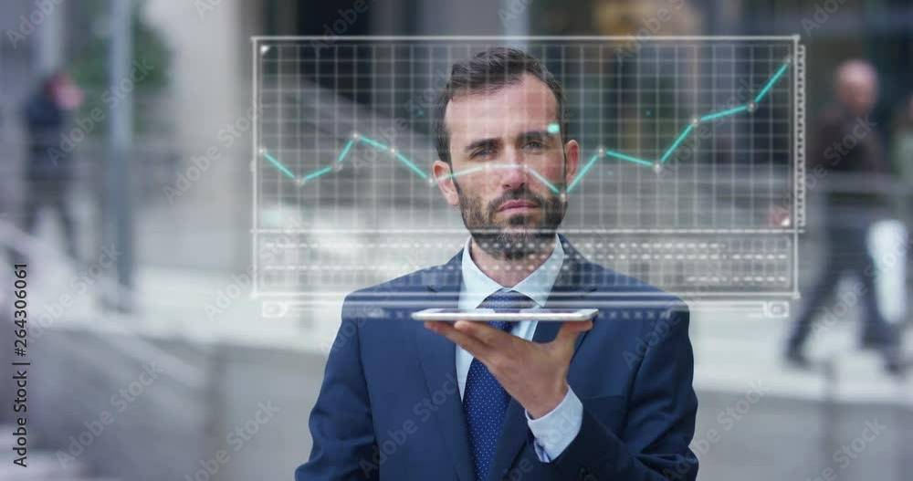 Slow motion of handsome businessman using futuristic tablet with ...
